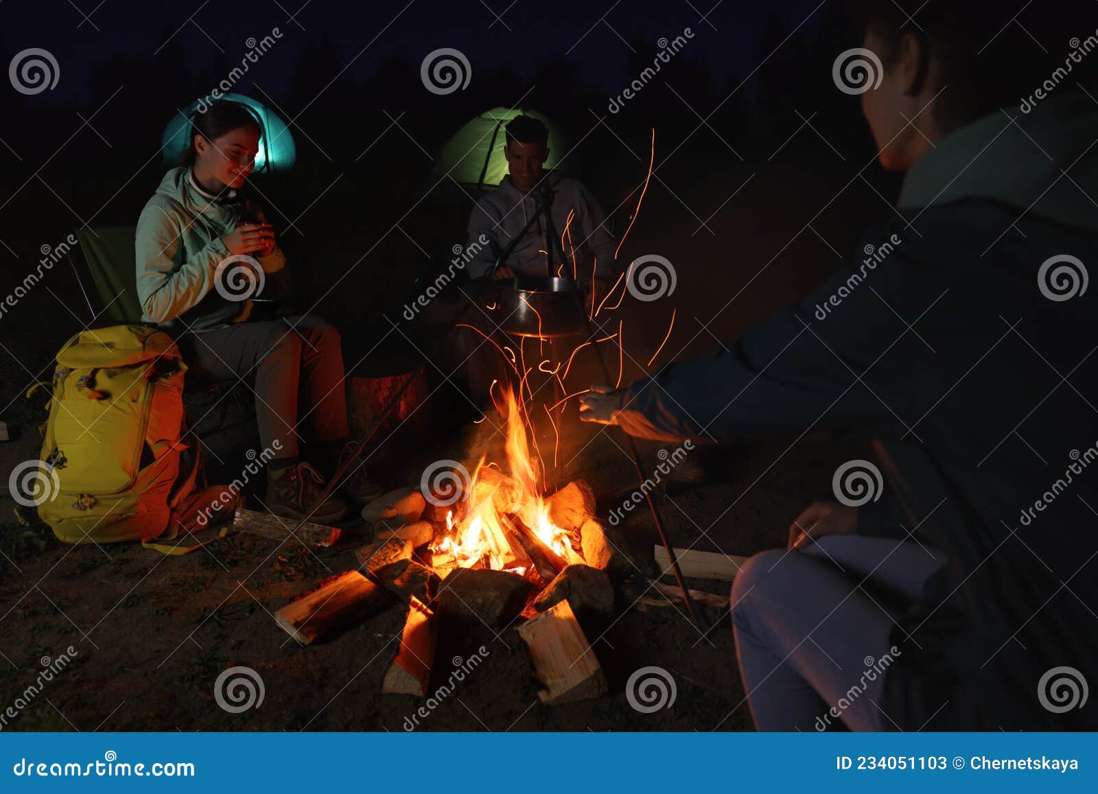 People Sitting Near Bonfire in Camp at Night Stock Image - Image of ...