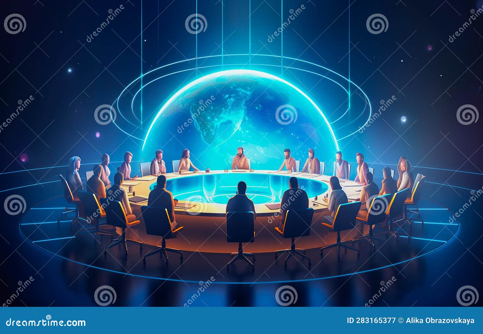 People are Sitting at a Round Table in Front of Projection of the ...