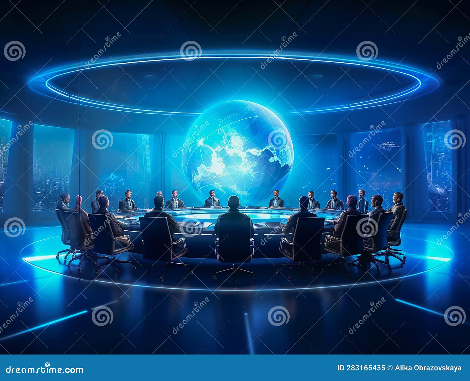 People are Sitting at a Round Table in Front of Projection of the ...