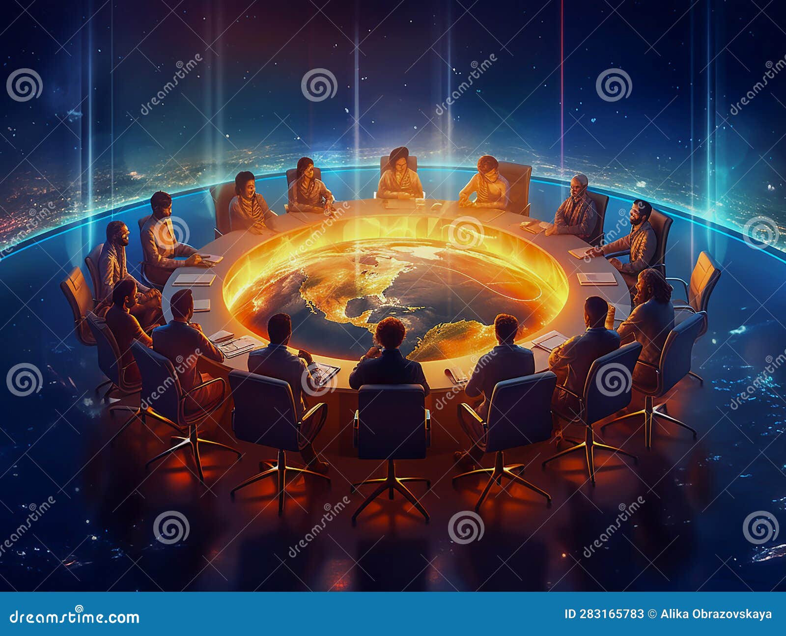 People are Sitting at a Round Table in Front of Projection of the ...
