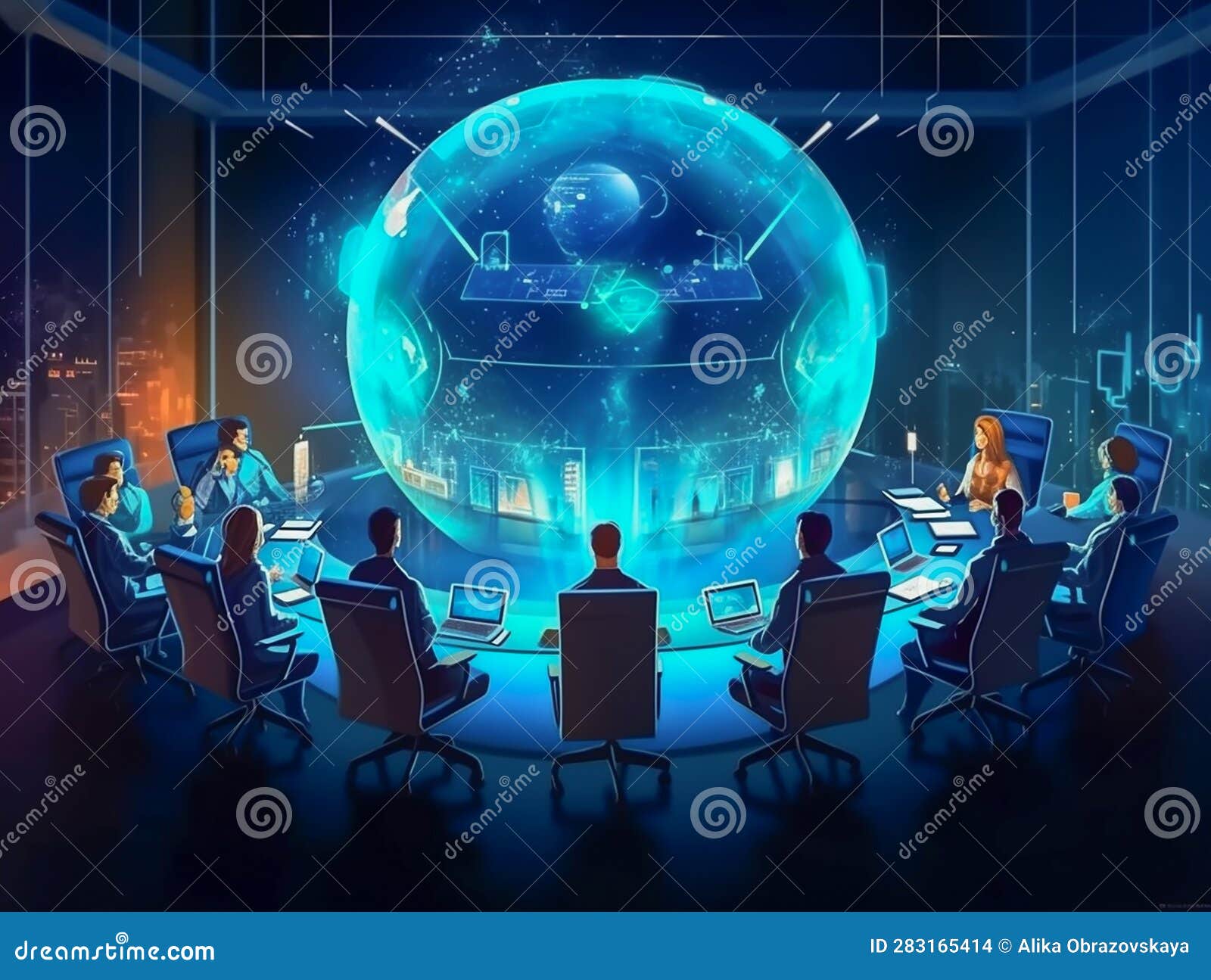 People are Sitting at a Round Table in Front of Projection of the ...