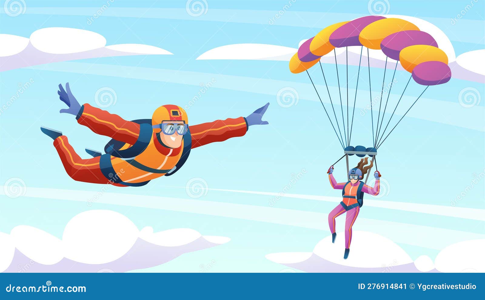 People Skydiving In Sky, Skydivers Floating In The Air Cartoon Vector ...