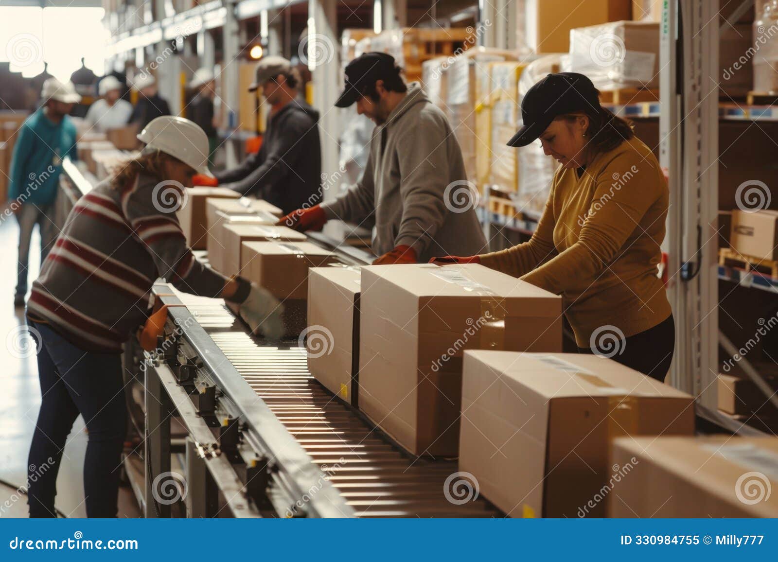 People Sort Boxes on a Conveyor Belt Stock Illustration - Illustration ...