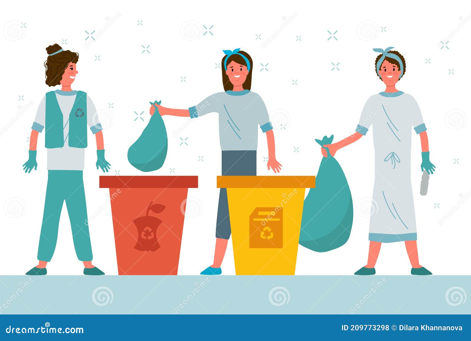 People Sort the Garbage. Flat Cartoon Stacking Garbage in Trash Cans ...