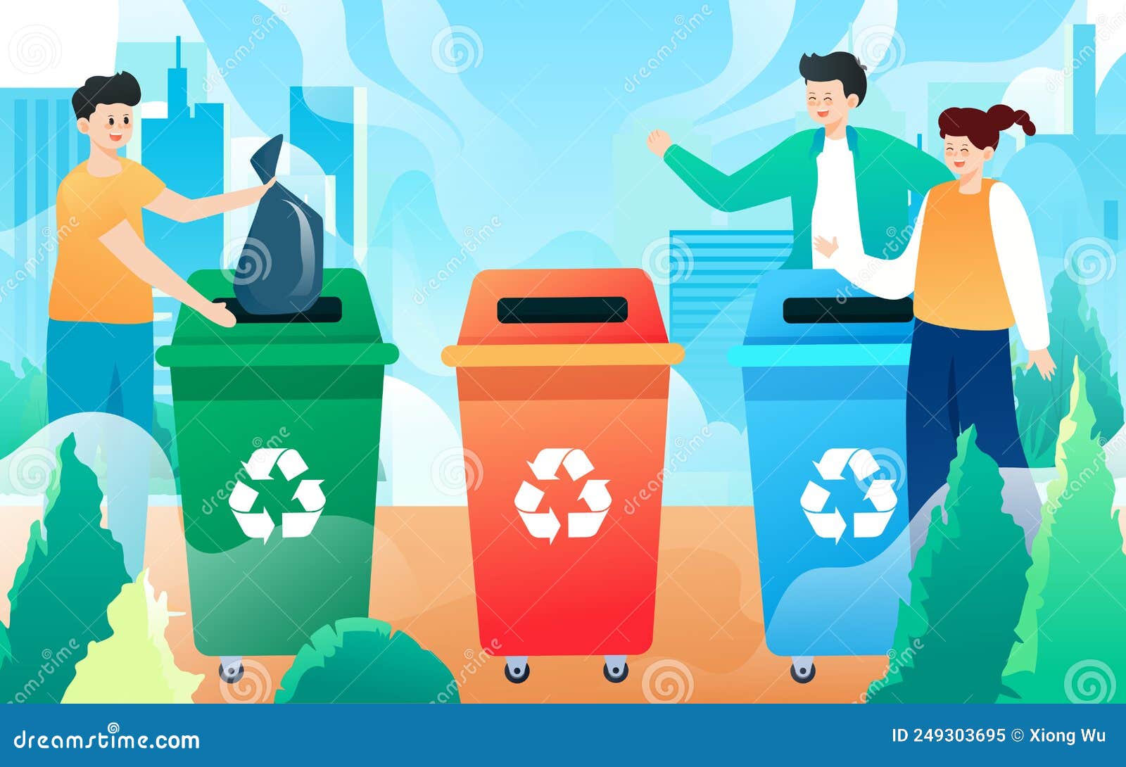 People are Sorting Garbage with Various Plants and Buildings in the ...