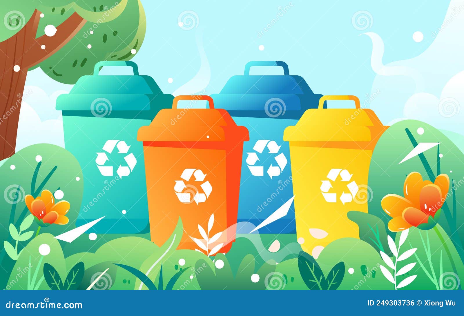 People are Sorting Garbage with Various Plants and Buildings in the ...