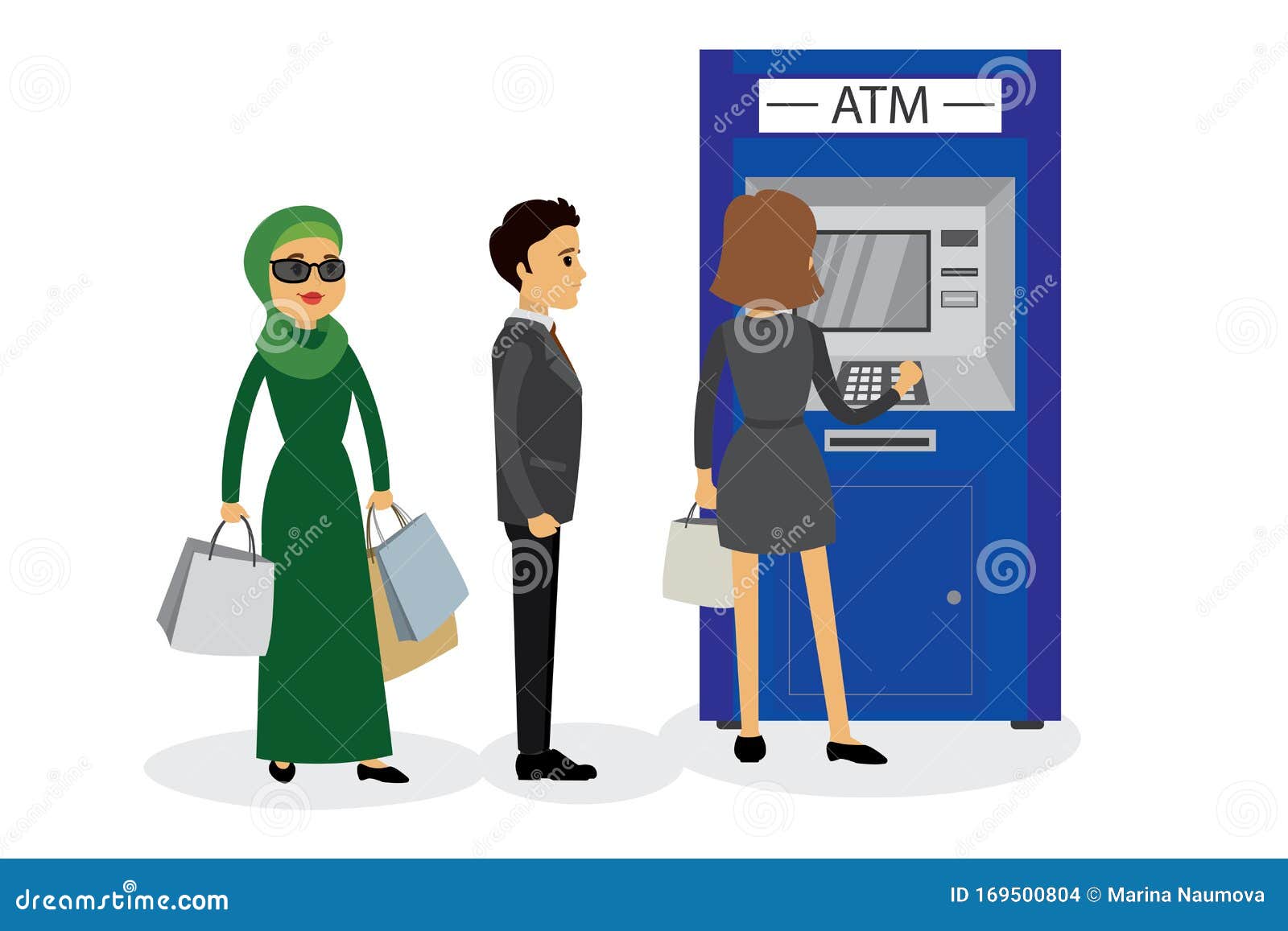 People Stand at the ATM Cash Machine Stock Vector - Illustration of ...