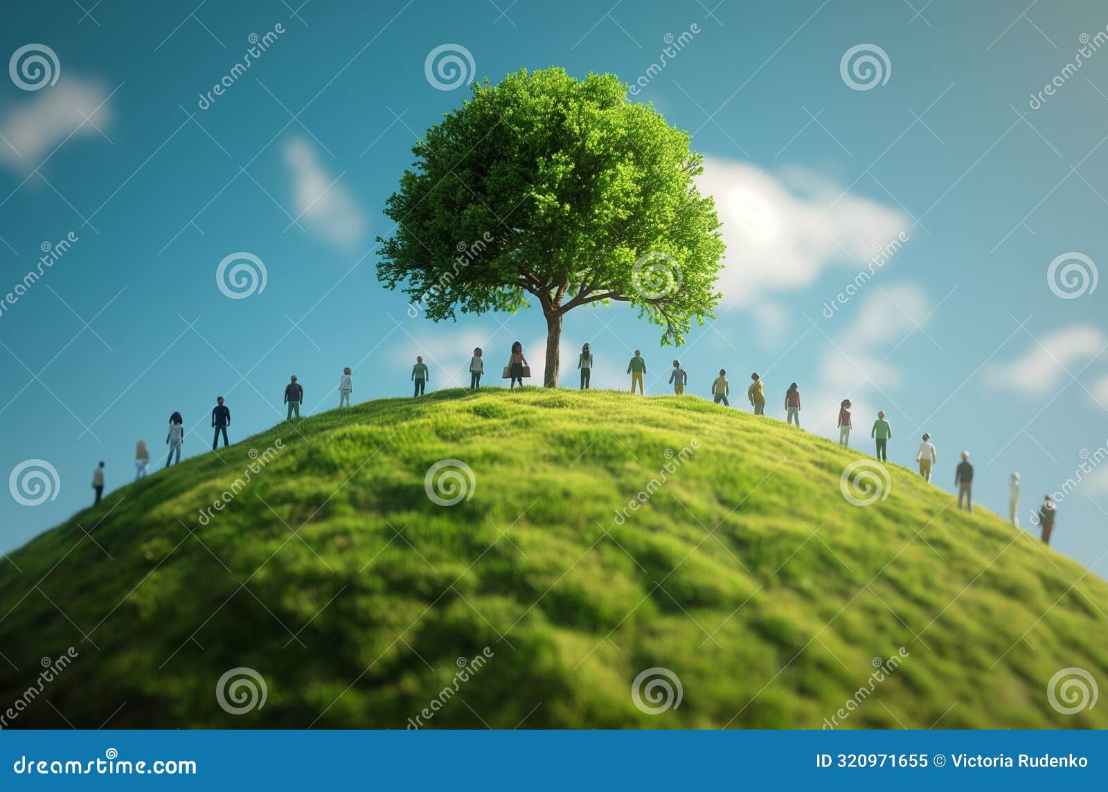 People Standing Around Tree on Green Hill Stock Image - Image of ...