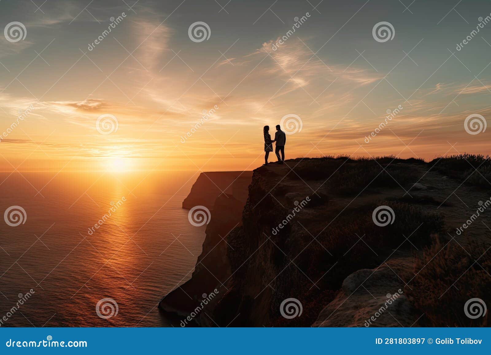 People Standing on a Cliff Overlooking the Ocean at Sunset Stock Image ...