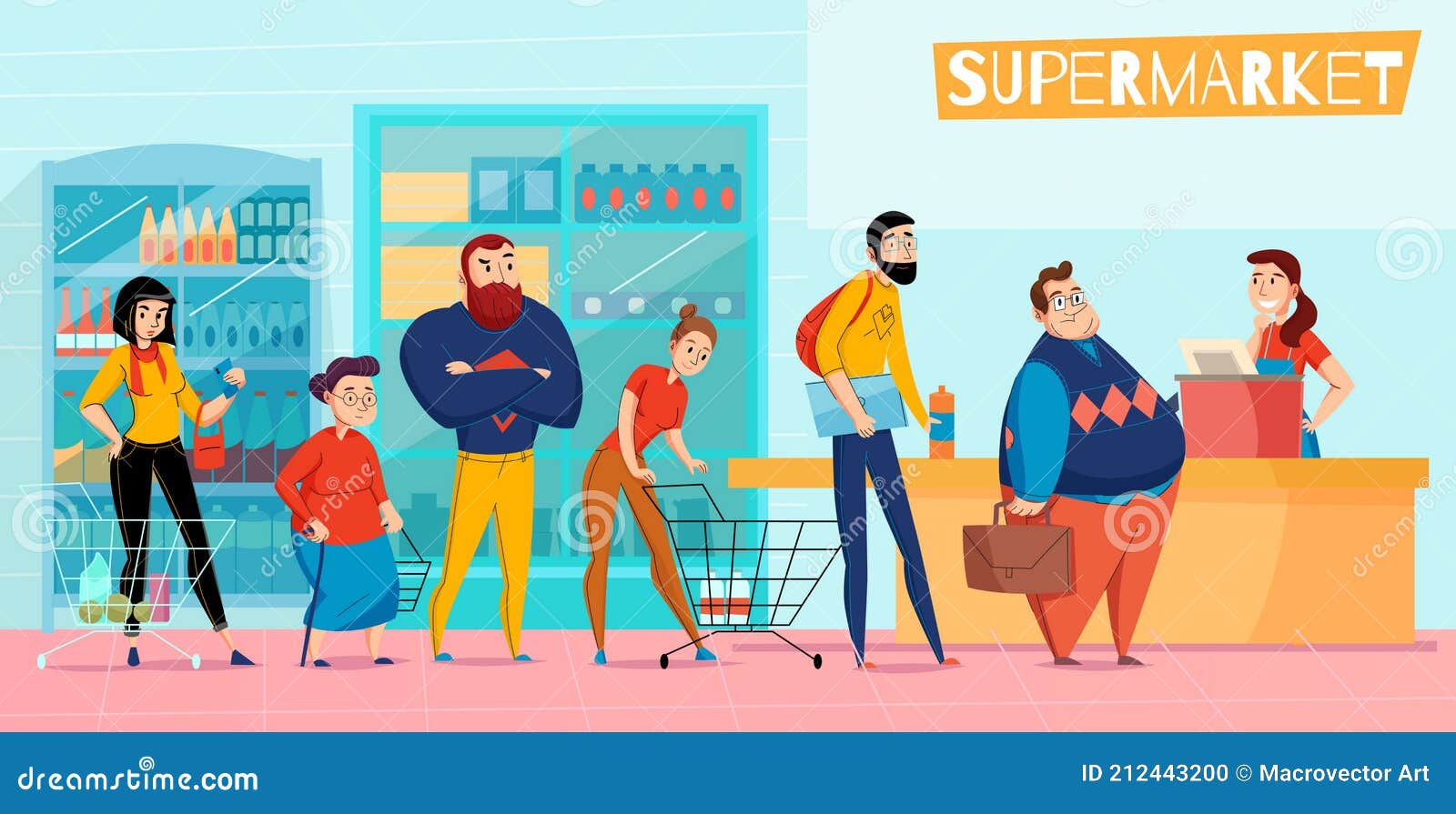 Supermarket Queue Flat Composition Stock Vector - Illustration of ...