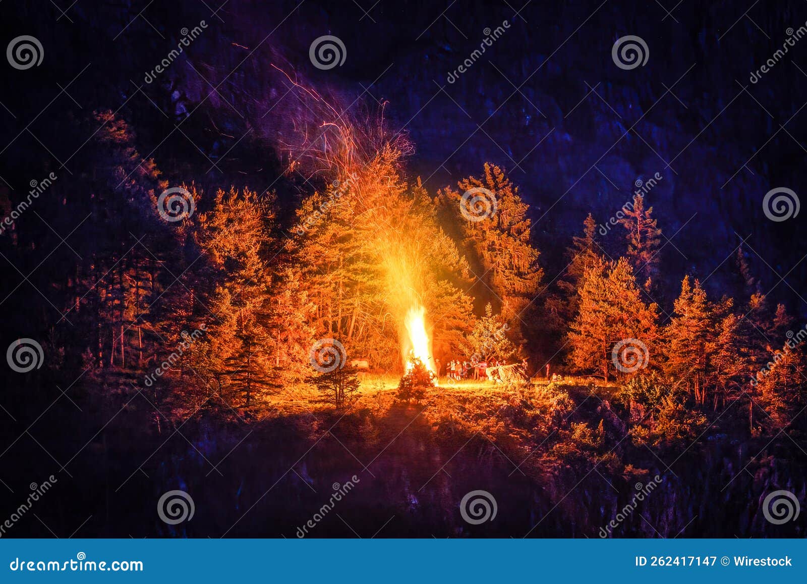 People Standing and Looking at the Night Campfire in the Forest Stock ...