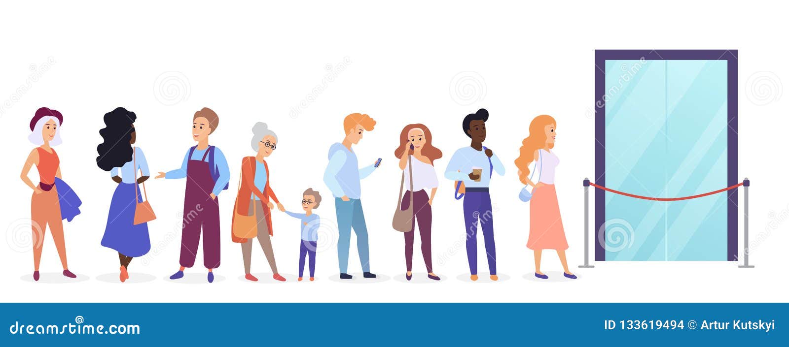 Queue In Shop. Supermarket Store With Customers In Long Line To Cashier ... Queue In Shop. Supermarket Store With Customers In Long Line To Cashier ...