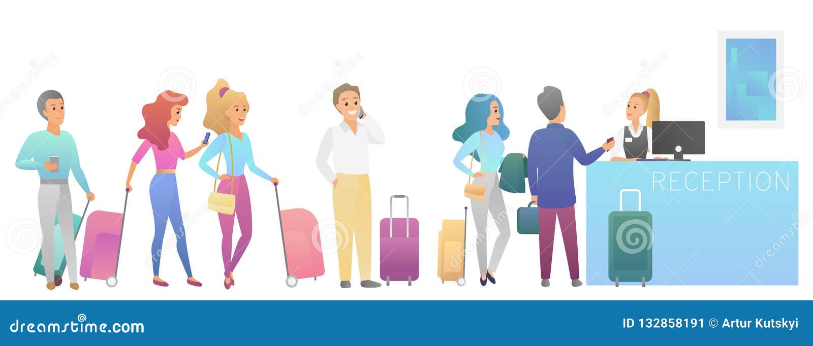 People Staying and Waiting in Long Queue at Counter Reception Vector ...