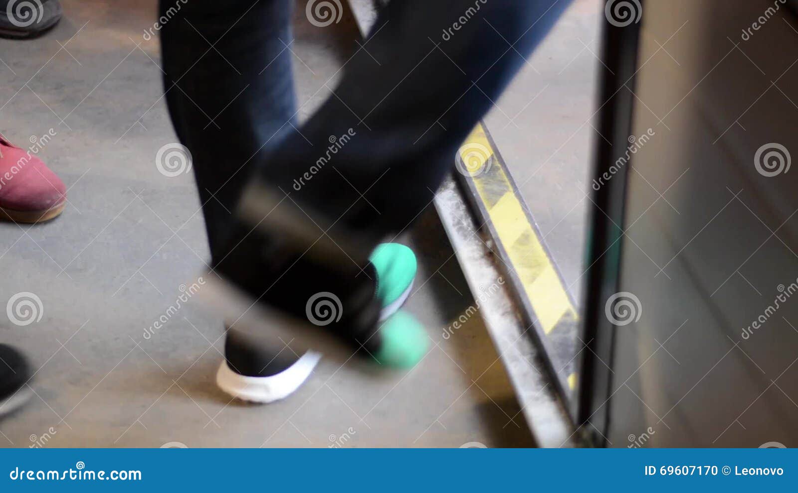 People Stepping Over a Threshold. Handheld Close-Up on Legs. Stock ...