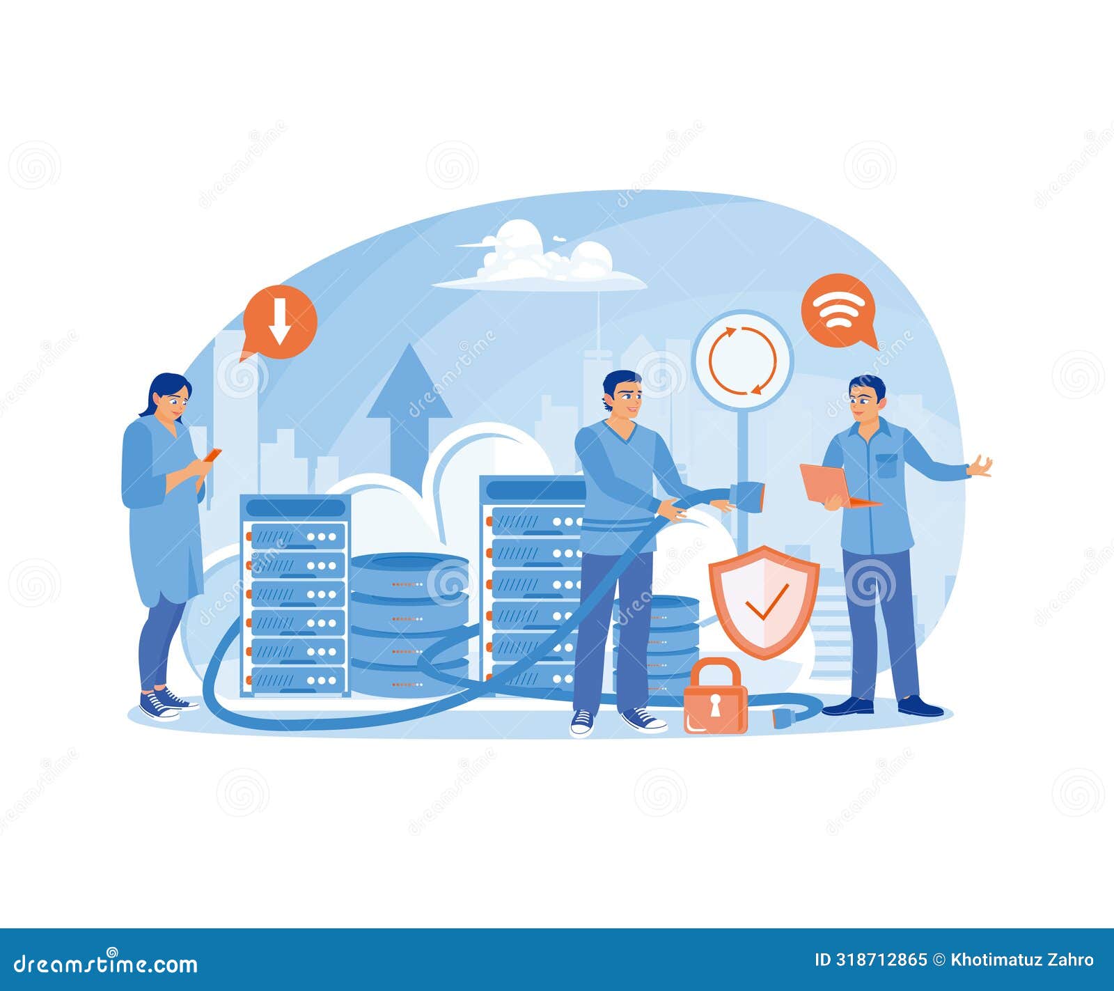 People Store Data on Laptops Connected To Servers. Teamwork ...
