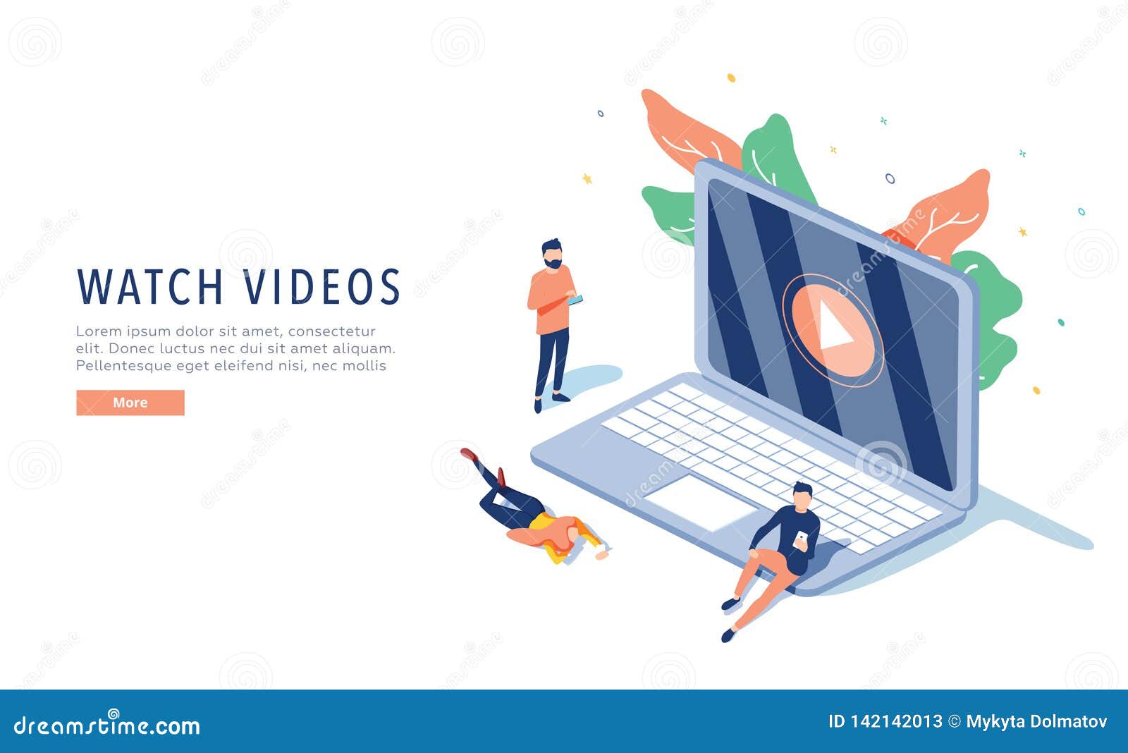 People Streaming Online Video with Their Laptop, Smartphone Vector ...