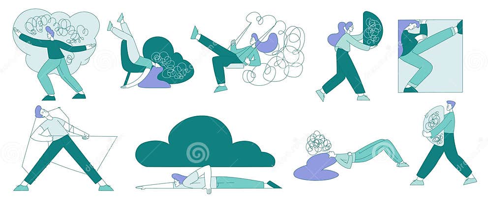 People Struggling with Clutter of Thoughts in Brain Vector Set Stock ...