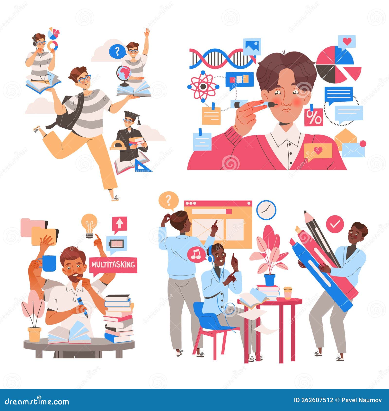 People Student Characters Learning Multitasking Switching between ...