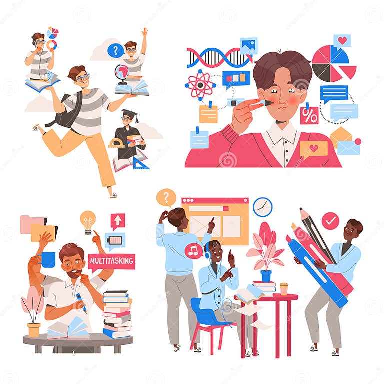 People Student Characters Learning Multitasking Switching between ...