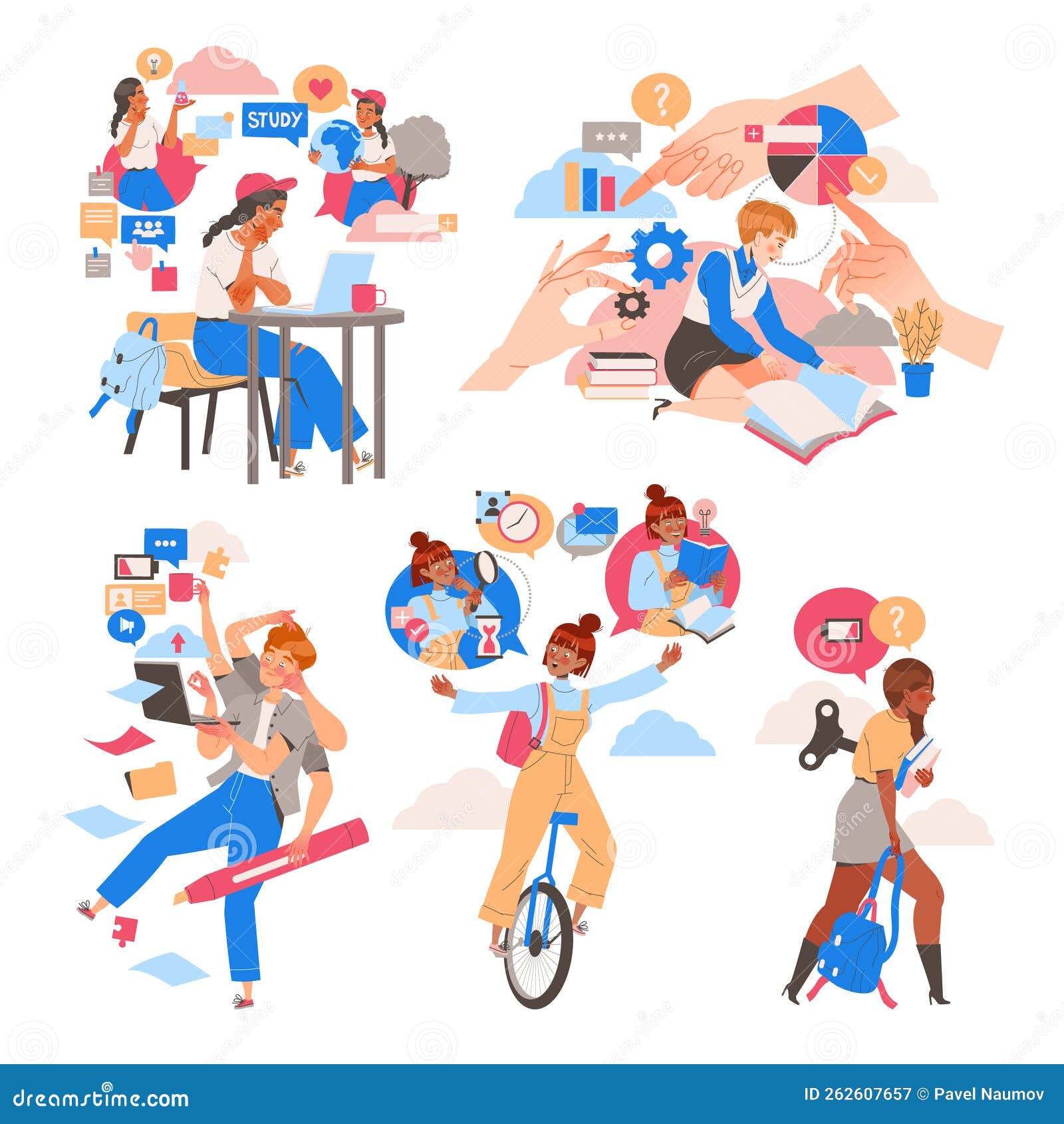 People Student Characters Learning Multitasking Switching between ...