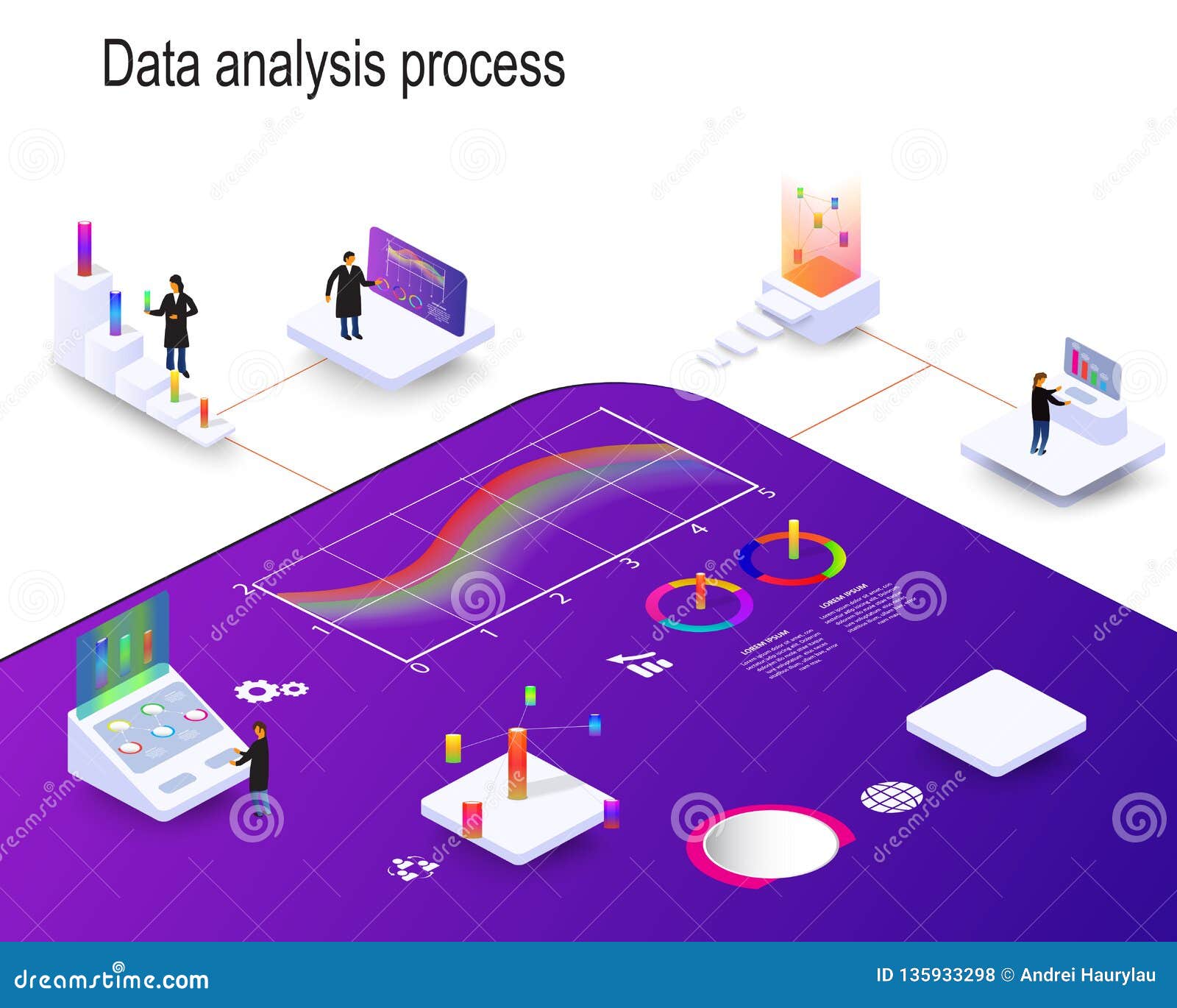 People Study Dynamic Processes in Graphs and Diagrams. 3d Isometric ...