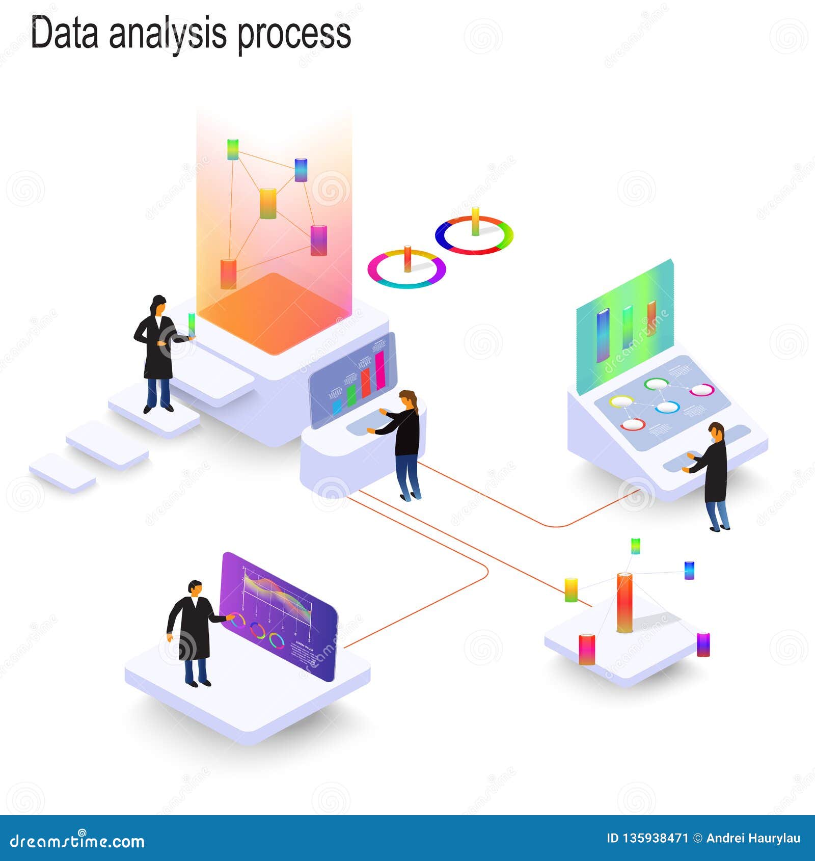 People Study Dynamic Processes in Graphs and Diagrams. 3d Isometric ...