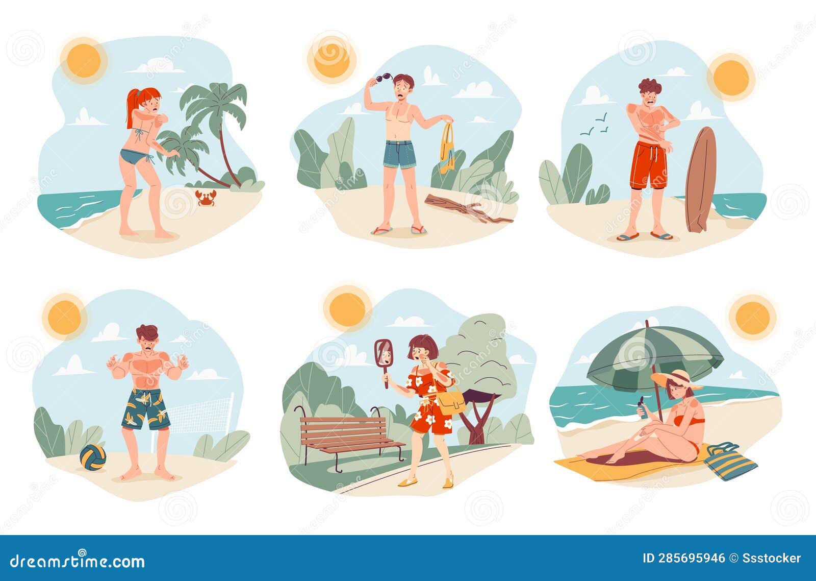 Sunburned Woman Back View Cartoon Character Sun Tanning Danger Concept