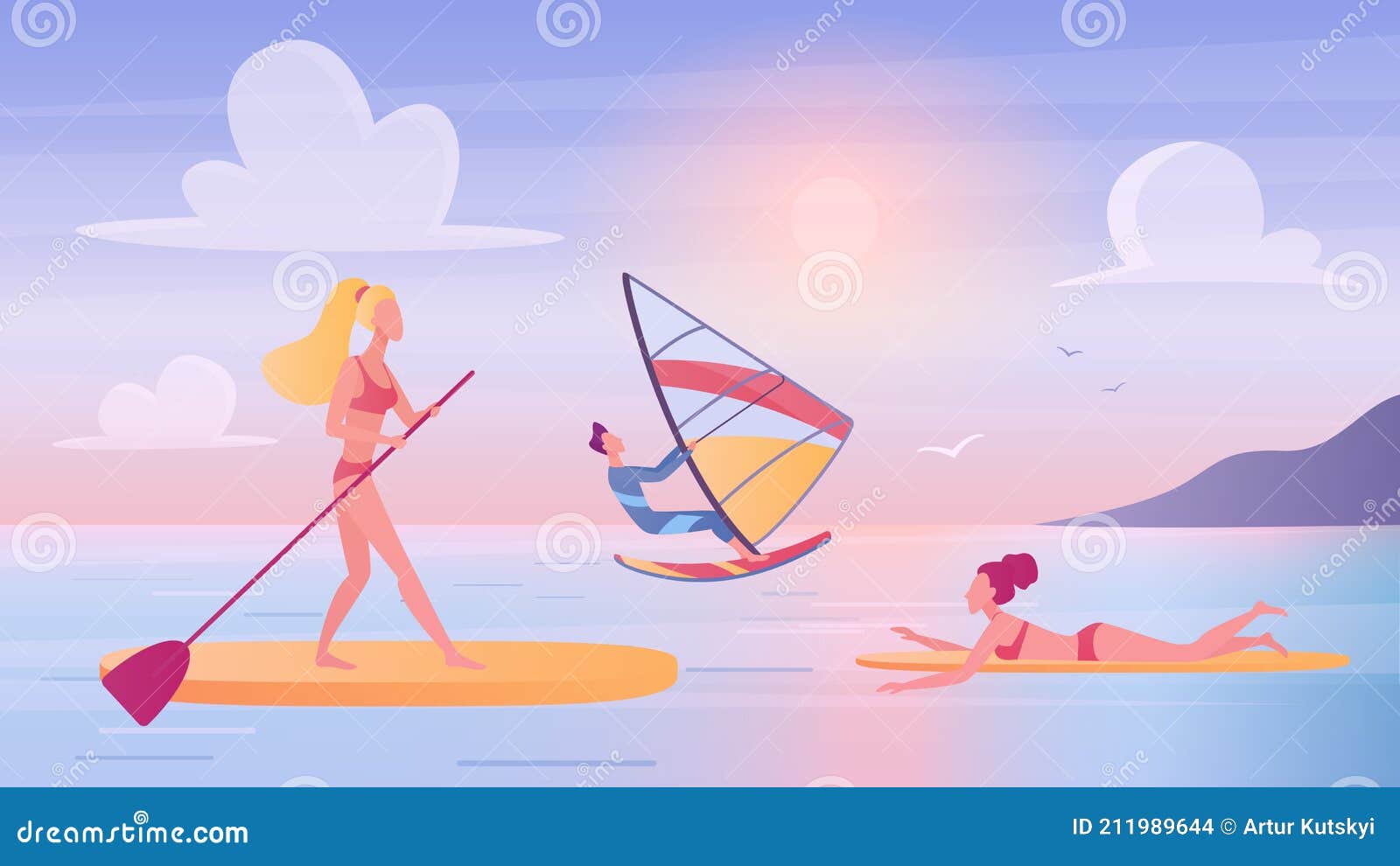 People Surf On Sea Ocean Wave Man Woman Surfers Surfing Swimming