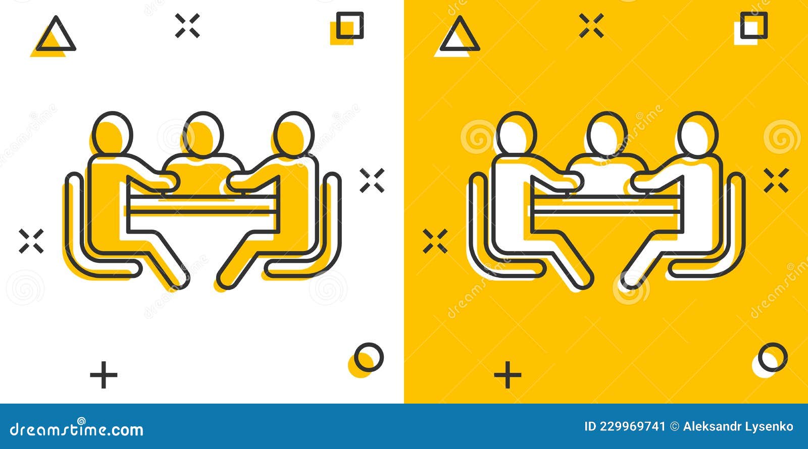 People with Table Icon in Comic Style. Teamwork Conference Cartoon ...