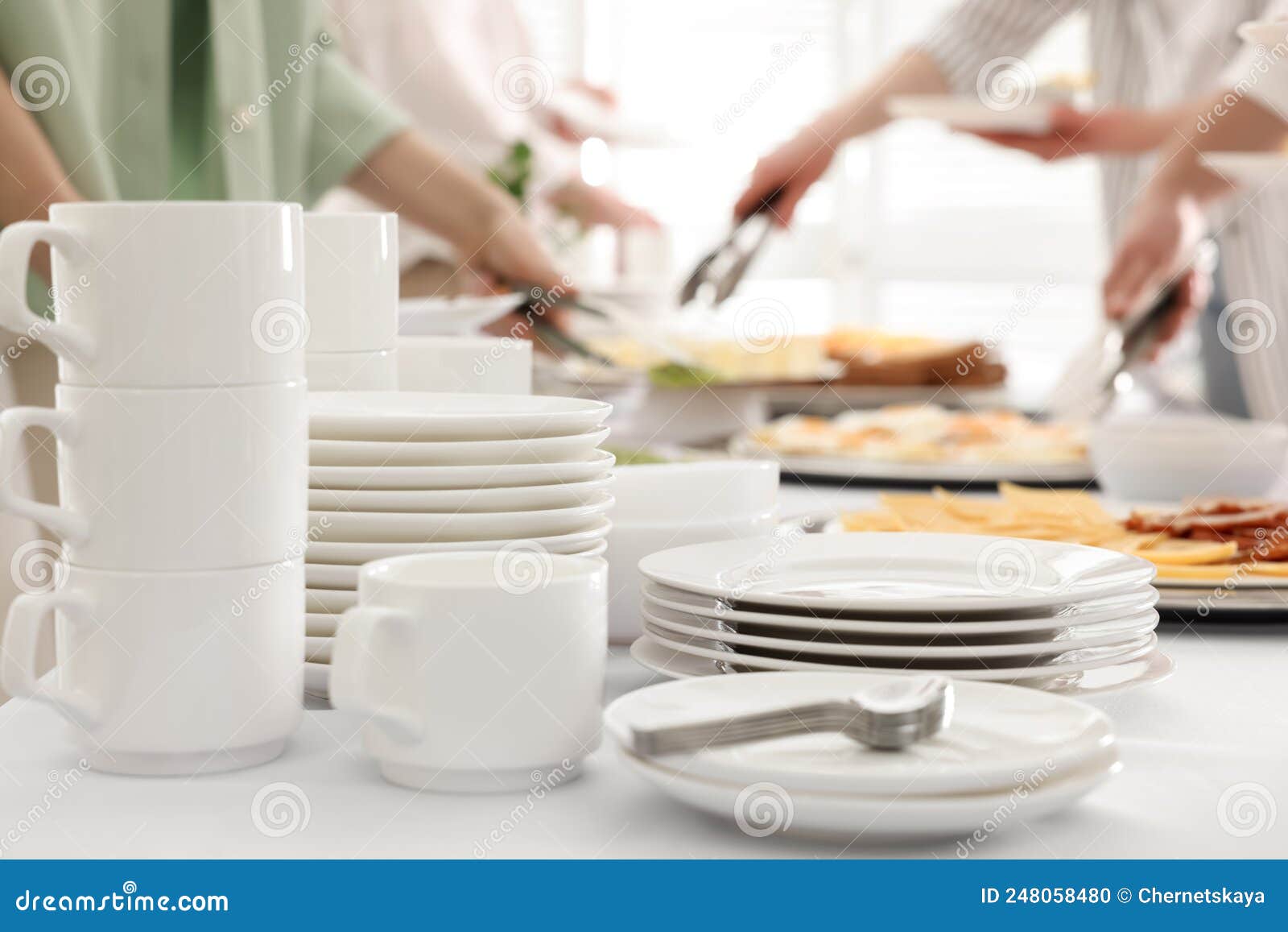 People Taking Food during Breakfast, Focus on Clean Dishware. Buffet ...