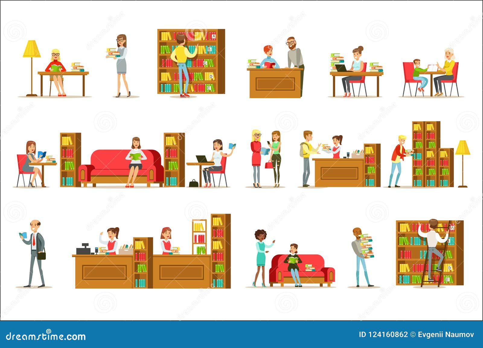 People Taking and Reading Books in Library Set of Illustrations Stock ...