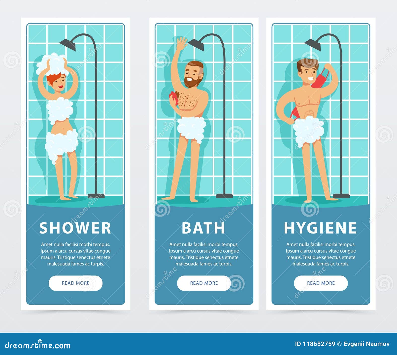 People Taking Shower Banners Set, daily Hygiene Procedure Flat Vector ...