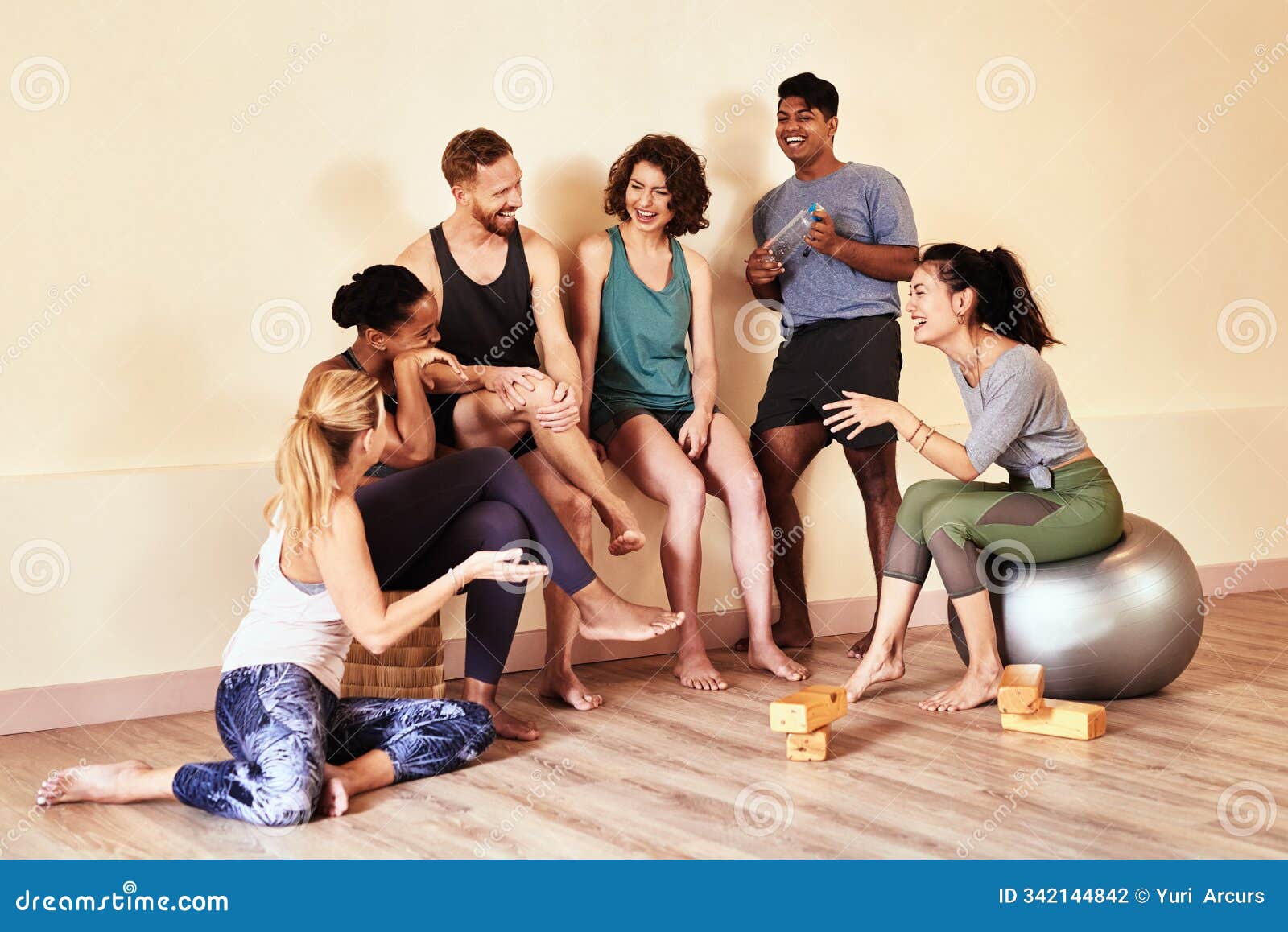 People, Talking and Happy in Yoga Class for Teamwork, Discussion and ...