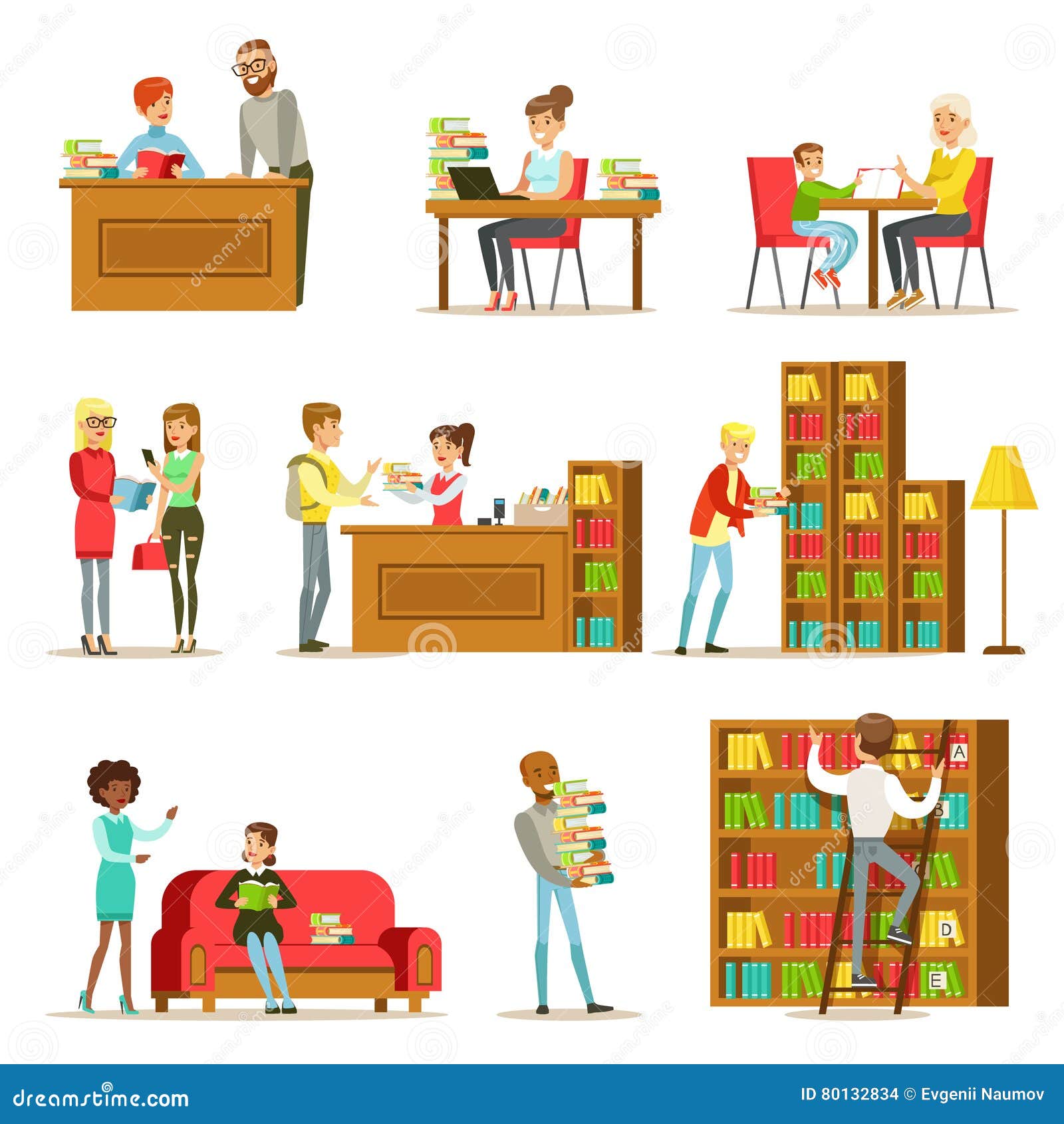 People Talking and Reading Books in Library Set of Illustrations Stock ...