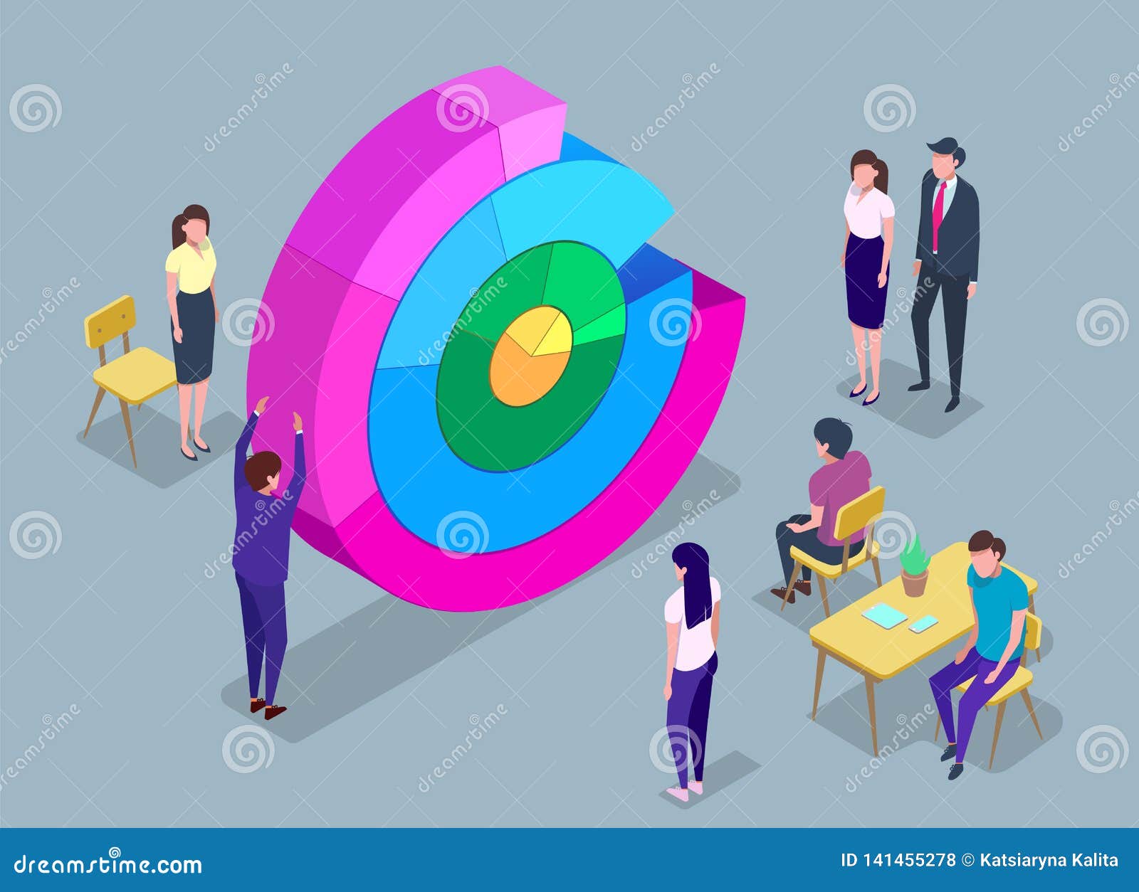 People in a Team Build a Pay Chart, Interact with Graphs. Stock Vector ...