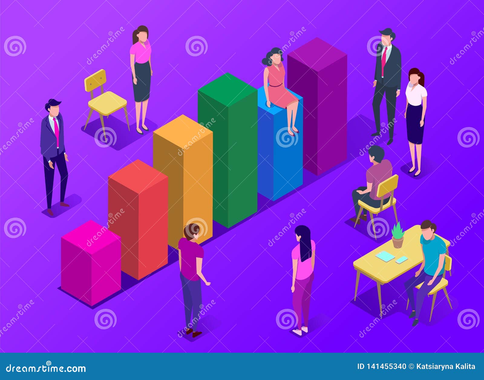 People in a Team Build a Pay Chart, Interact with Graphs. Stock Vector ...