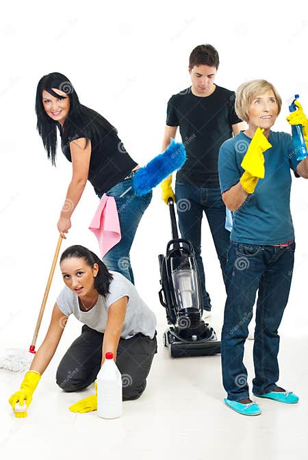 People Teamwork Cleaning House Stock Photo - Image of duster, bottles ...