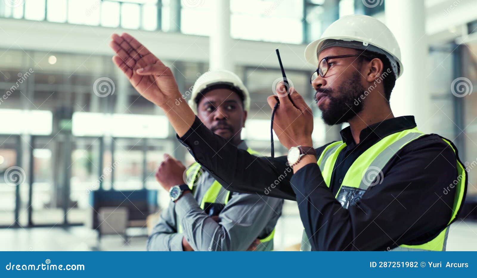 People, Teamwork and Engineer Talking on a Walkie Talkie for Project ...