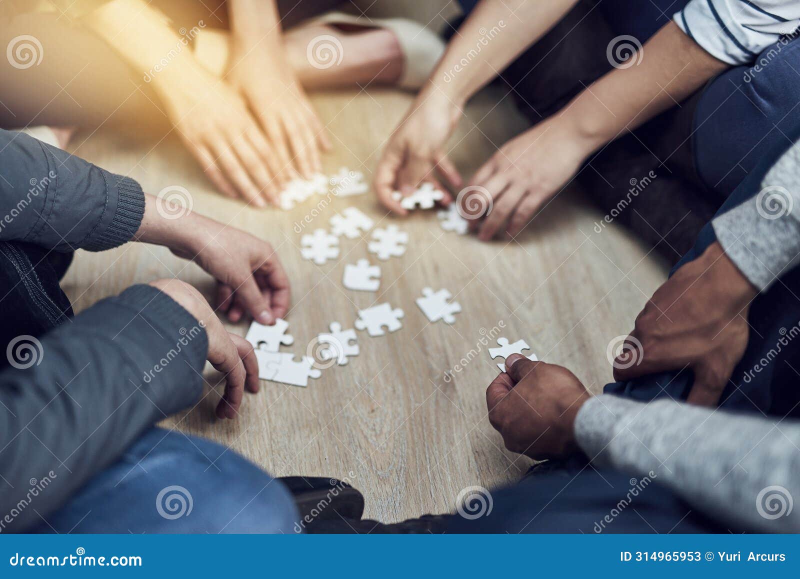 People, Teamwork and Hands with Puzzle on Table for Problem Solving ...