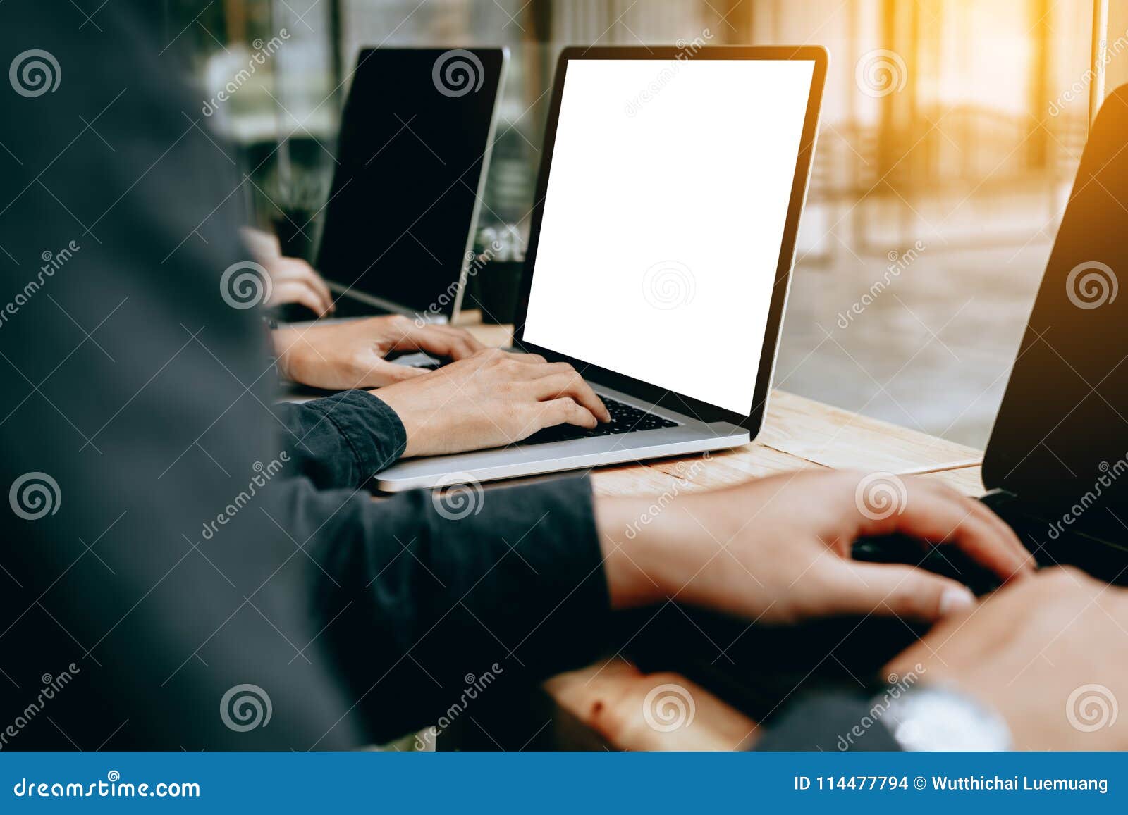 People Teamwork Using Laptop Computer with Blank Screen in Office Room ...