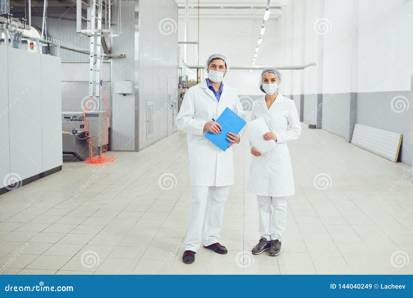 People Technologists in Masks at Food Factory. Stock Image - Image of ...