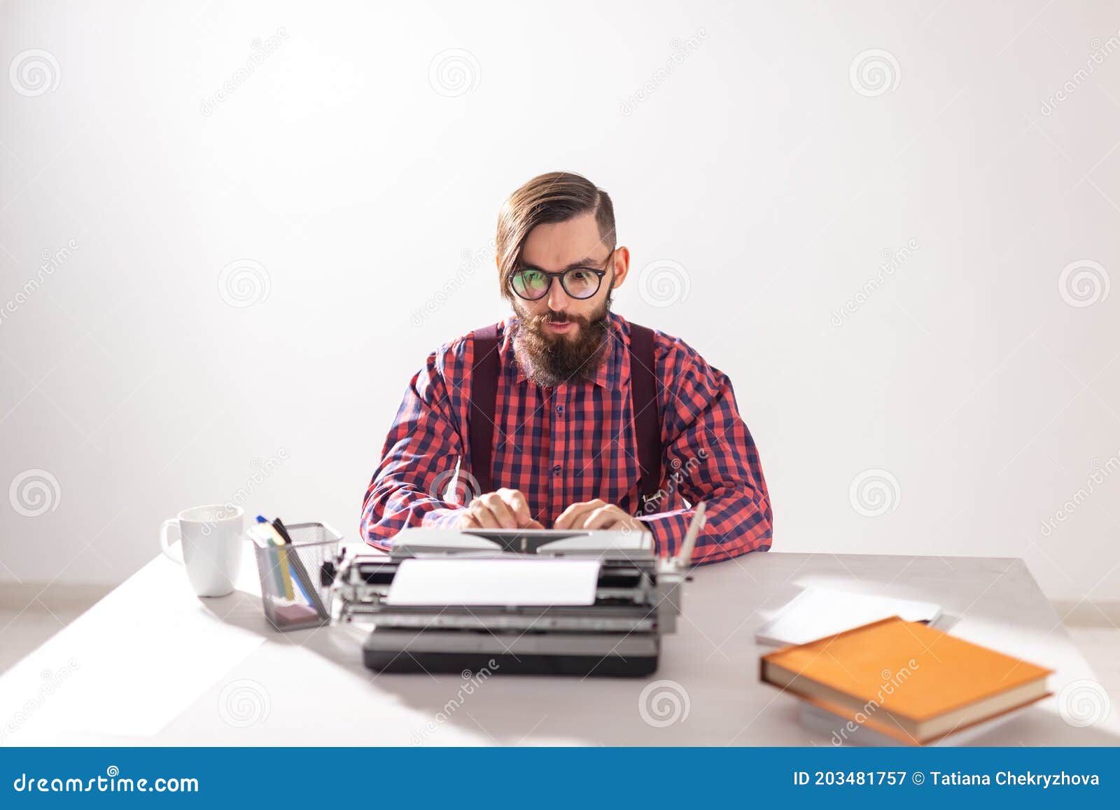 People and Technology Concept - Portrait of Writer Working on ... People and Technology Concept - Portrait of Writer Working on ...