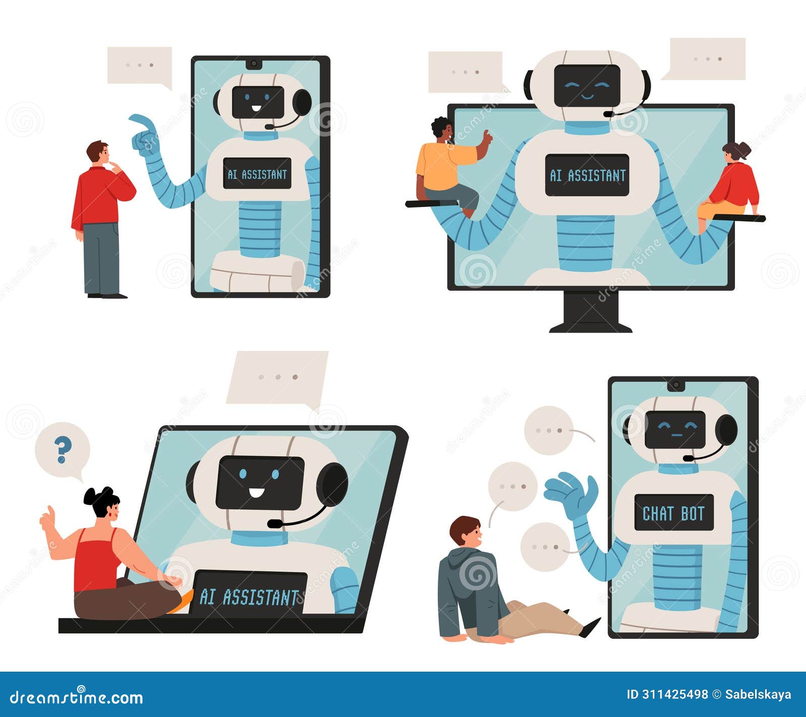 People Use AI Artificial Intelligence Robots, Vector Illustration Set ...