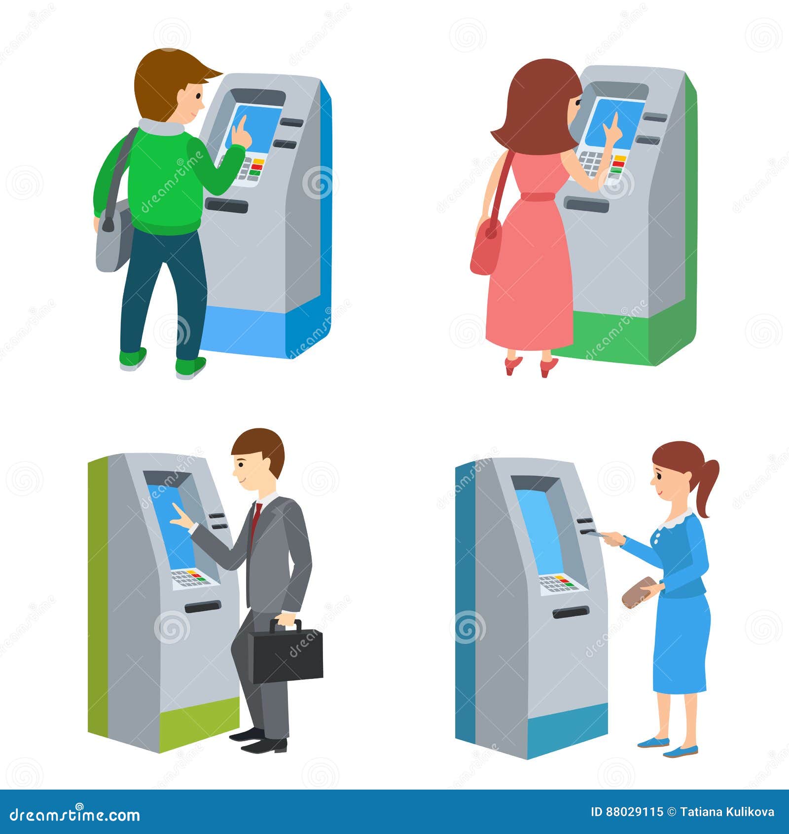 People Using ATM Machine. Vector Illustration Isolated White Background ...