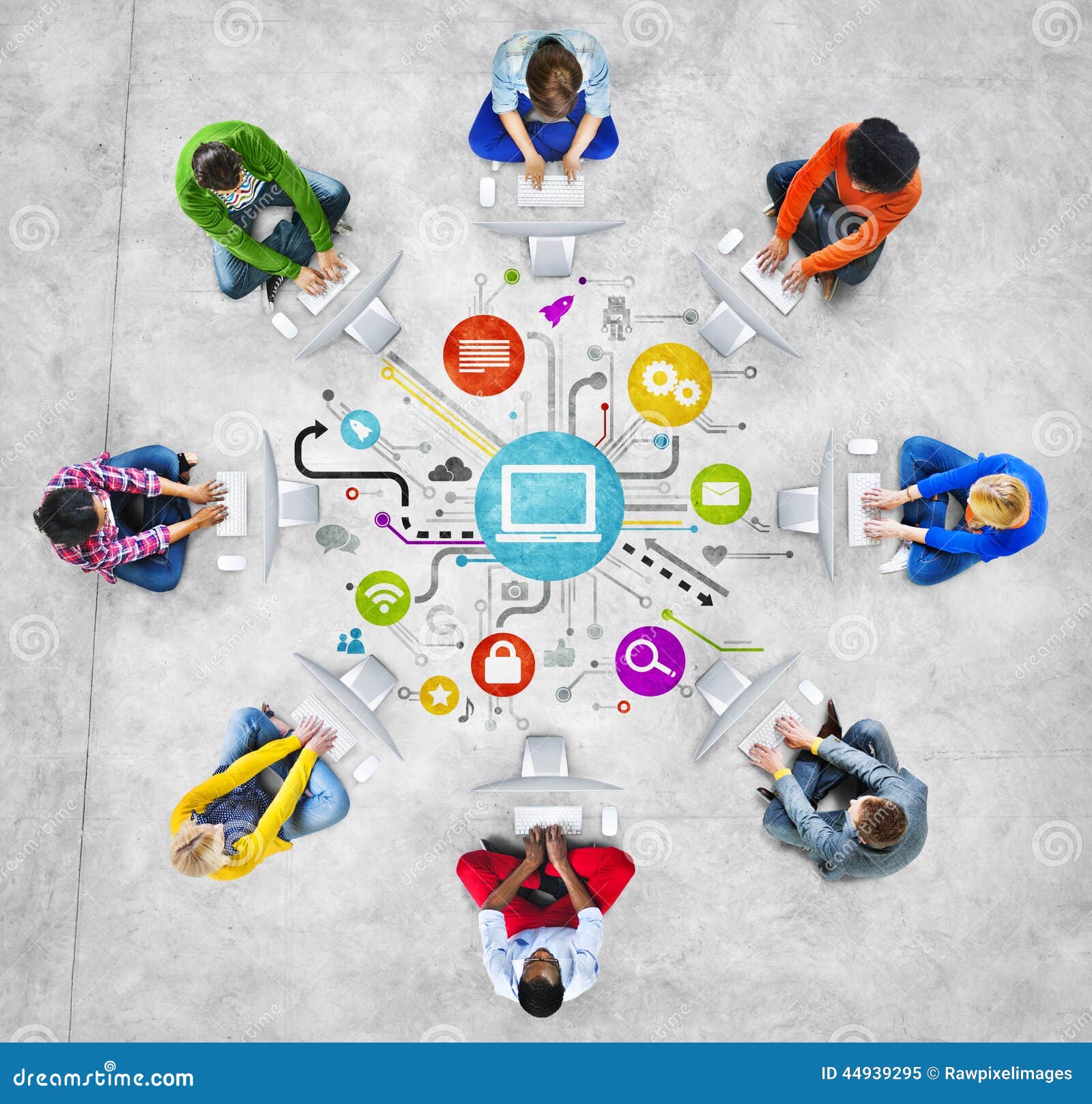 People Using Computers with Social Media Symbols Stock Illustration ...