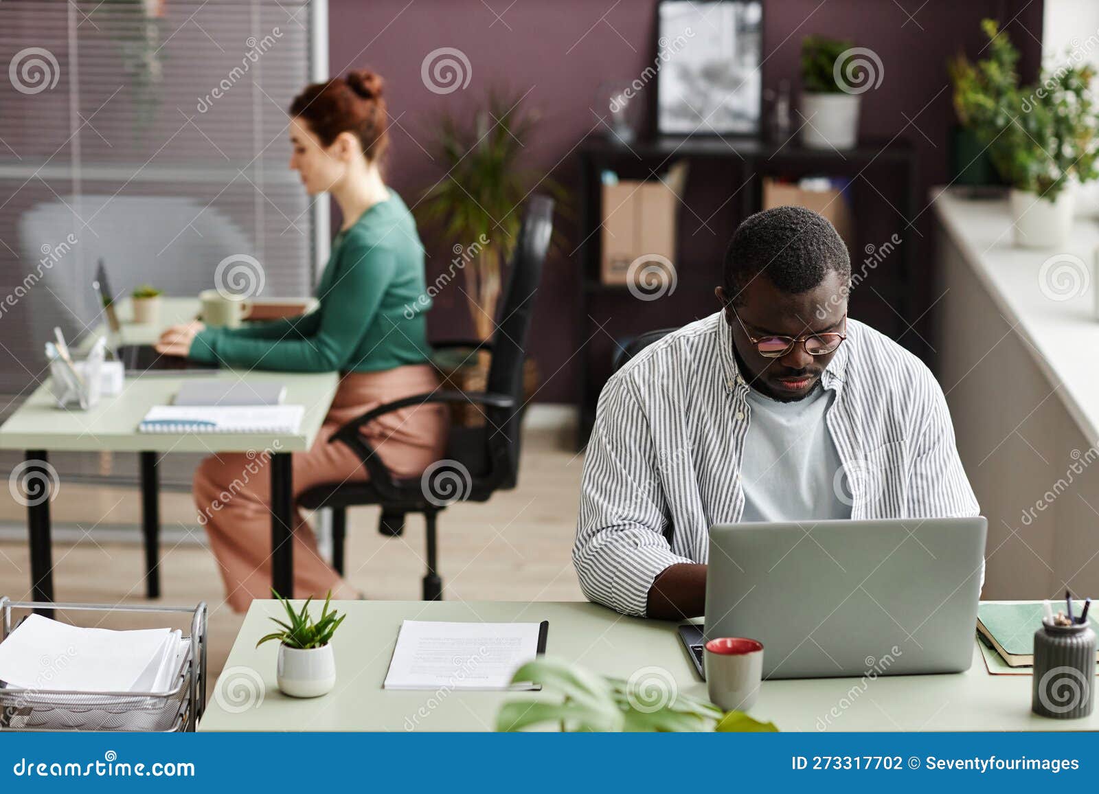 People Using Computers Working in Office Focus on Black Man Typing ...