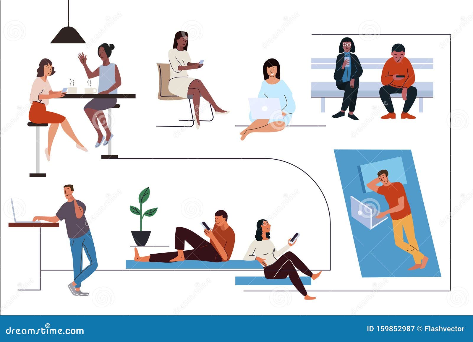 People Using Different Gadgets Flat Illustrations Set Stock Vector ...