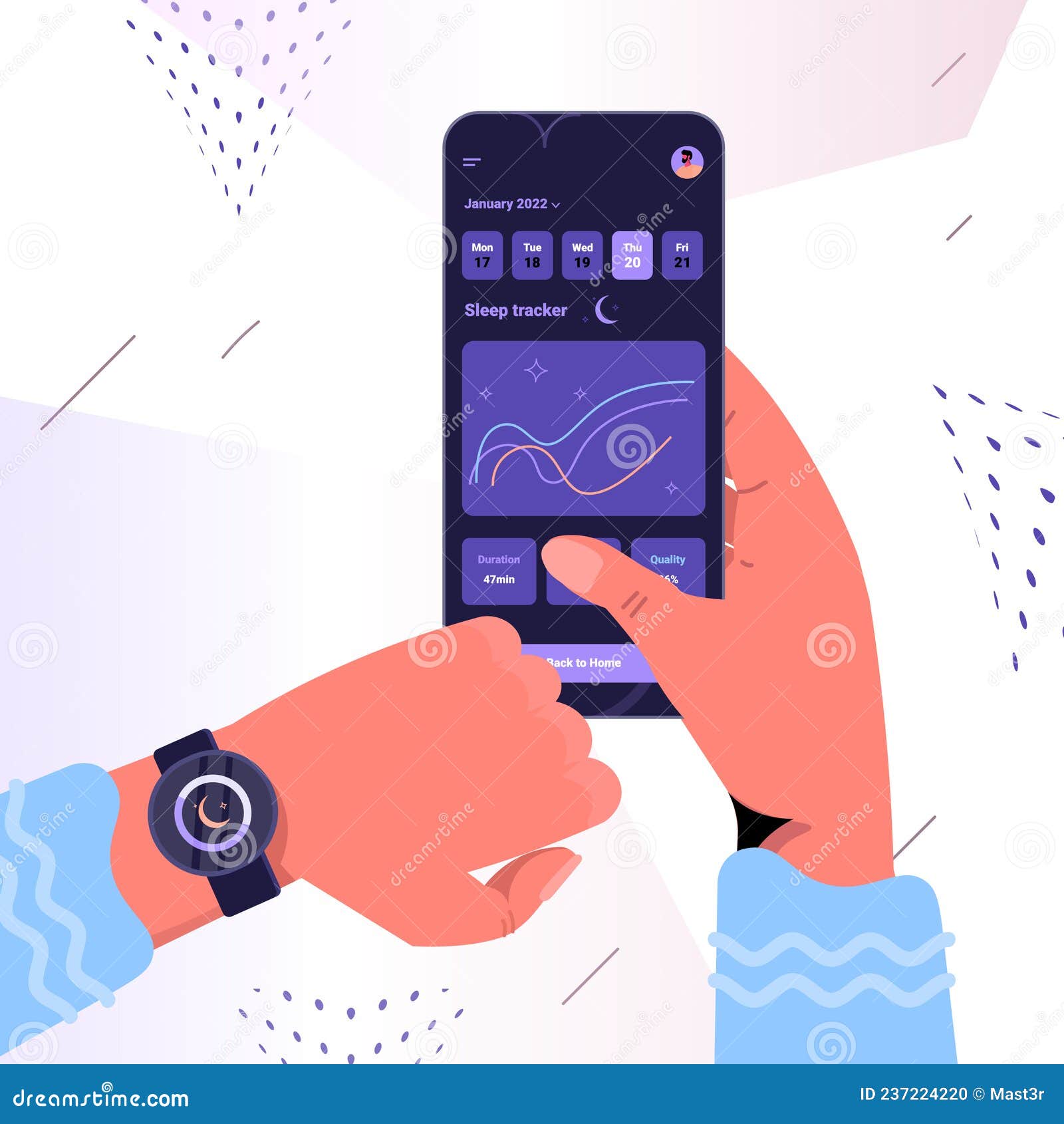 Sleep Control Concept. A Woman Using A Wearable Tracker And Mask, With ...