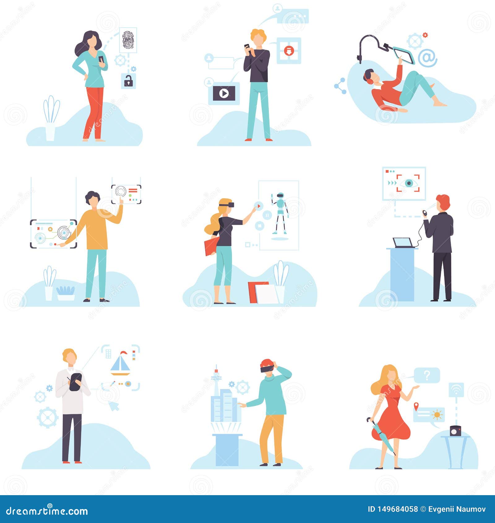 People Using Hi Tech Technologies Set, Smartphones, Gadgets with ...