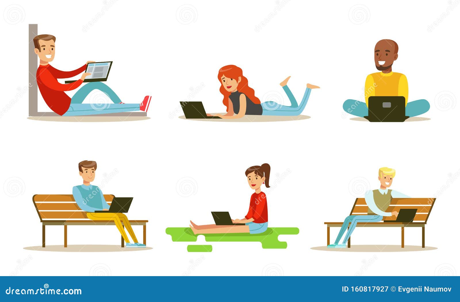 People Using Laptop Computers Set, Men and Women Working, Communicating ...